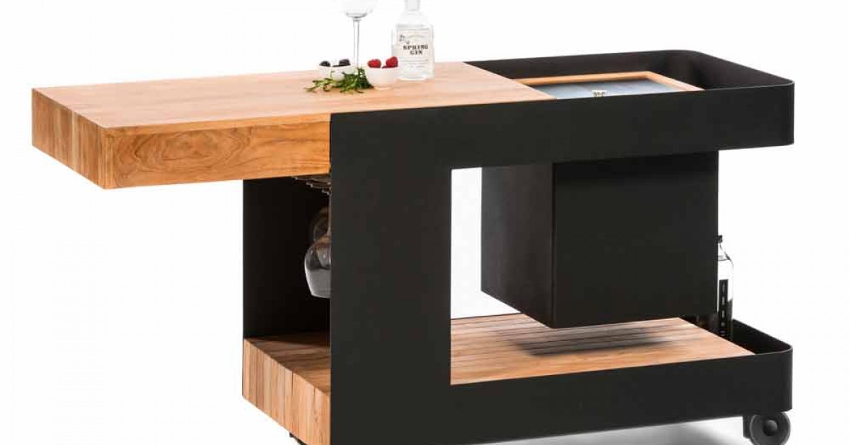 Bar Mobile su Ruote Moderno di Design da Esterno Legno e Acciaio