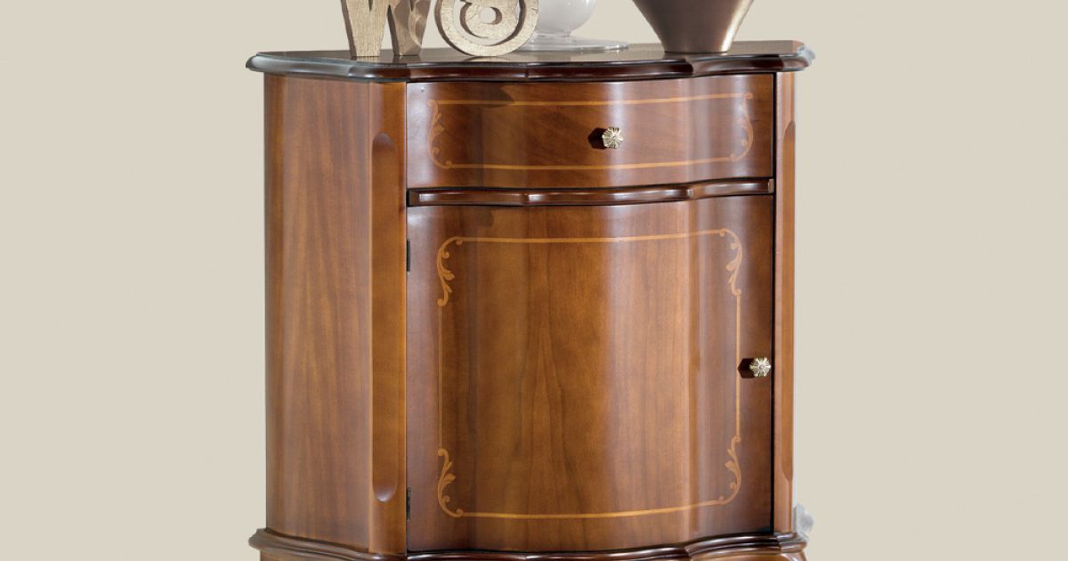 Comodino Classico in Legno Intarsiato 1 Anta e 1 Cassetto