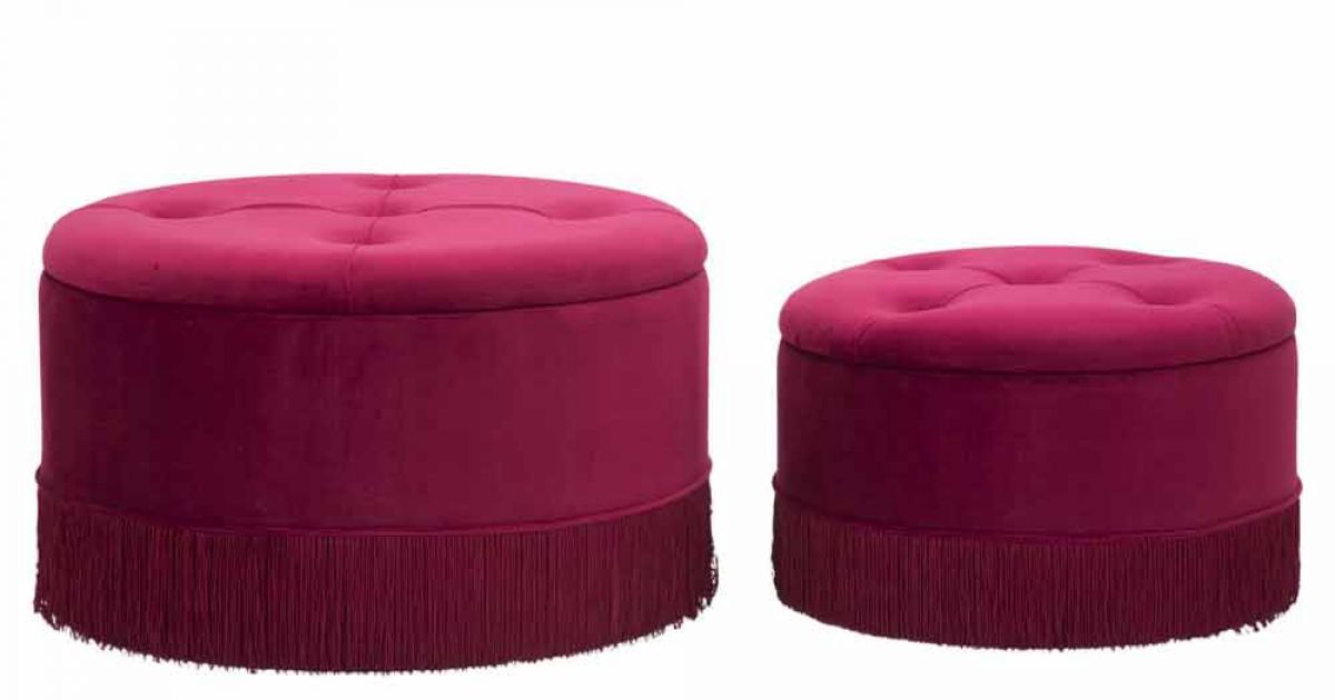 Coppia Pouf Contenitori Bordeaux in Legno e Velluto di Design