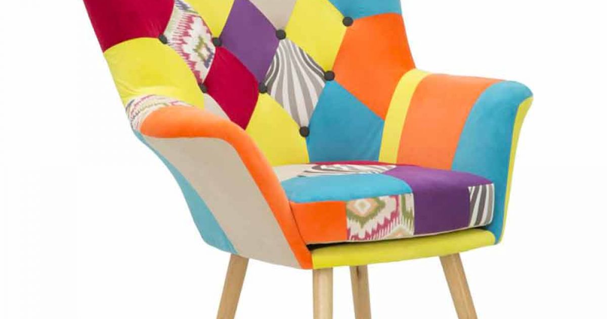 Poltrona Patchwork Colorata Design Modeno in Tessuto e Legno